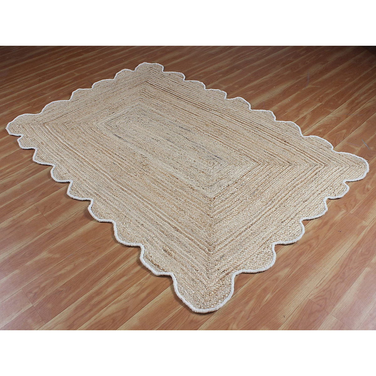 CASAVANI Scalloped Collection Rectangular Area Rug - 4' x 8', Beige Scallop Geometric Jute Rug Ideal for High Traffic Areas in Dining Room, Living Room, Bedroom