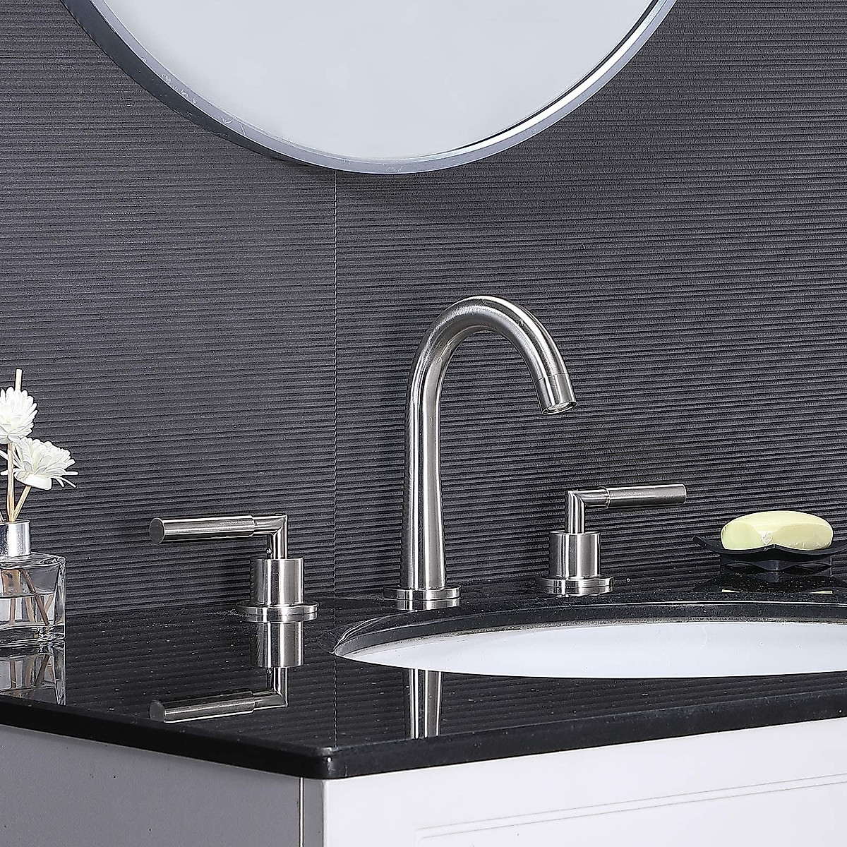 VESLA HOME Modern Brushed Nickel 3 Hole Bathroom Faucet Widespread, 2 Handle Lavatory Vanity Stainless Steel Bathroom Sink Faucet with Pop-up Drain and Water Hoses