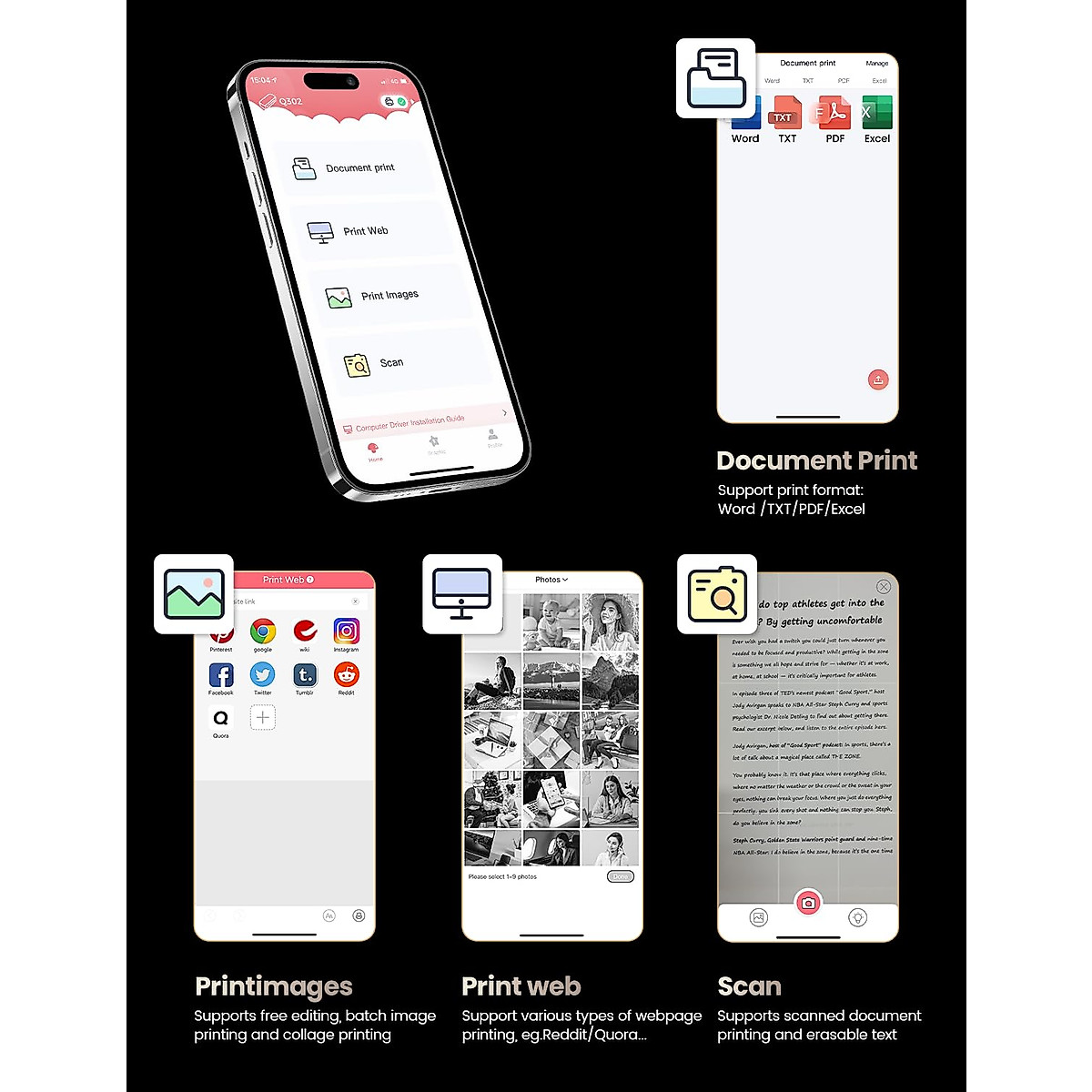 Phomemo Upgraded Ultra-Small Q302 Portable Printer with Mobile Printer, 300dpi Inkless Printer for 8.5 x 11 US Letter Thermal Paper, Compact Printer Compatible with iPhone & Laptop for Office Business