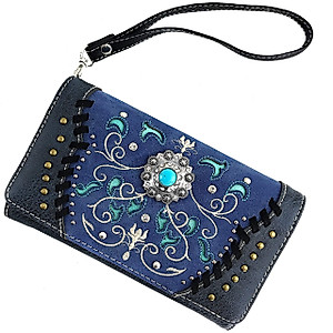 Zelris Spring Bloom Western Concho Women Crossbody Wrist Trifold Wallet (Blue)