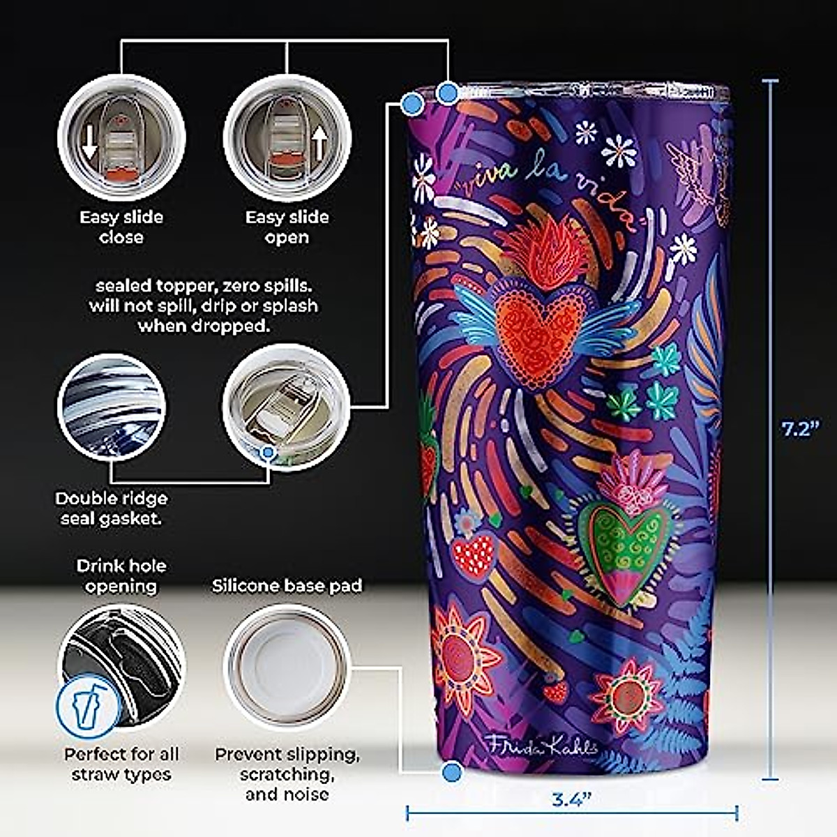 Greenline Goods Frida Kahlo Viva La Vida Insulated Travel Tumbler – 20 oz Triple Insulated Stainless Steel Coffee Tumbler with Lid, Dishwasher Safe, Non-Slip Silicone Base, Double Wall, Vacuum Sealed