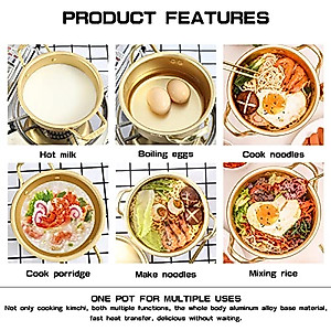 LNQ LUNIQI Korean Ramen Cooking Pot with Spoon Chopsticks, Alluminum Shin Ramyun Pot with Handles Fast Heating Instant Noodles Cooking Pot for Soup, Curry, Pasta and Stew （6.3in，Gold）