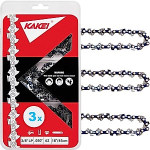 KAKEI 18 Inch Chainsaw Chain 3/8" LP Pitch, 050" Gauge, 62 Drive Links Fits Poulan, Kobalt, Echo, Ego, Greenworks and More- S62 (3 Chains)