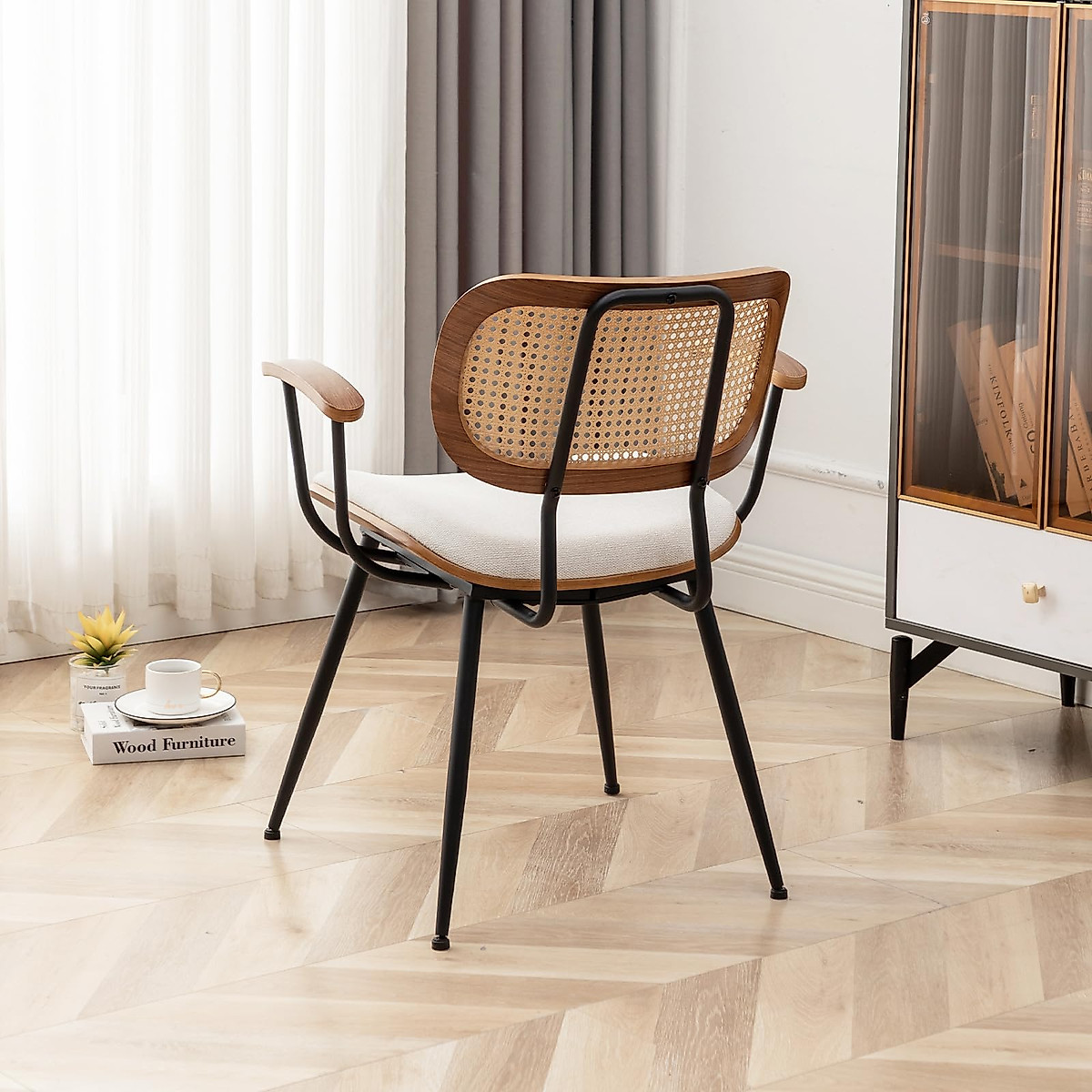 YOUUGIOR Rattan Dining Room Chairs Set of 2,Mid Century Modern Kitchen Side Chairs, Metal Legs Desk Chairs,Linen Fabric Accent Chairs with Arms and Rattan Backrest,Beige