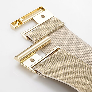 Glamorstar Wide Stretchy Waist Belt for Women Elastic Belt for Dresses Beige Band Gold Buckle 95cm Fit Waist 37"-41"