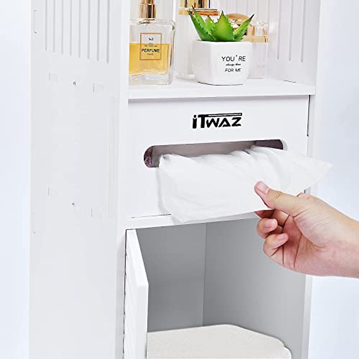 ITWAZ Multipurpose Bathroom Standing Cabinet with Single Door and 3-Layer, Free-Standing Shelves for Living Room Bathroom Storage Cabinet,9.8" Lx9.8 Wx31.5 H White B