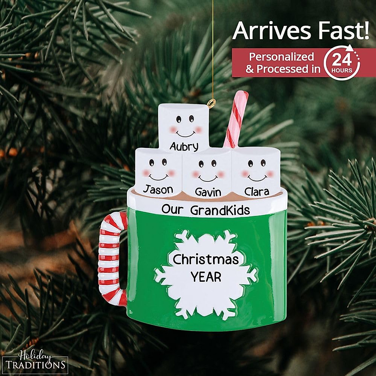 Family Personalized Christmas Ornaments 2023 - Fast & Free 24h Customization – Hot Cocoa Mug Family of 4 Christmas Decorations with Name - Comes Gift-Wrapped