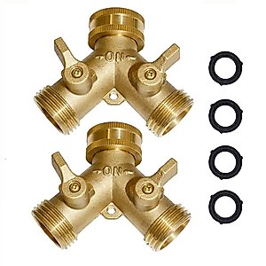 HQMPC 2 Way Hose Y Valve Brass Hose Splitter Garden Hose Y Valve Connectors 2 way shut off valve With Solid Brass Handle Brass Y Valve Water Garden Hose Adapter 3/4"GHT Thread Extra 4 Presure washers