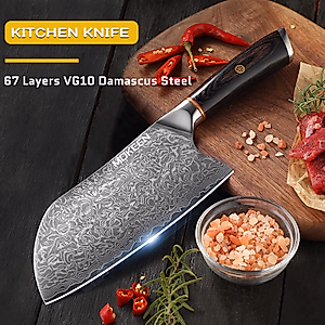MOKEEN Cleaver Knife 7 Inch, 67 Layers VG10 Damascus Steel Kitchen Knife, Ultra Sharp Meat Cleaver, Professional Chef Knife with Unique Wood Handle, Full Tang, Gift Box