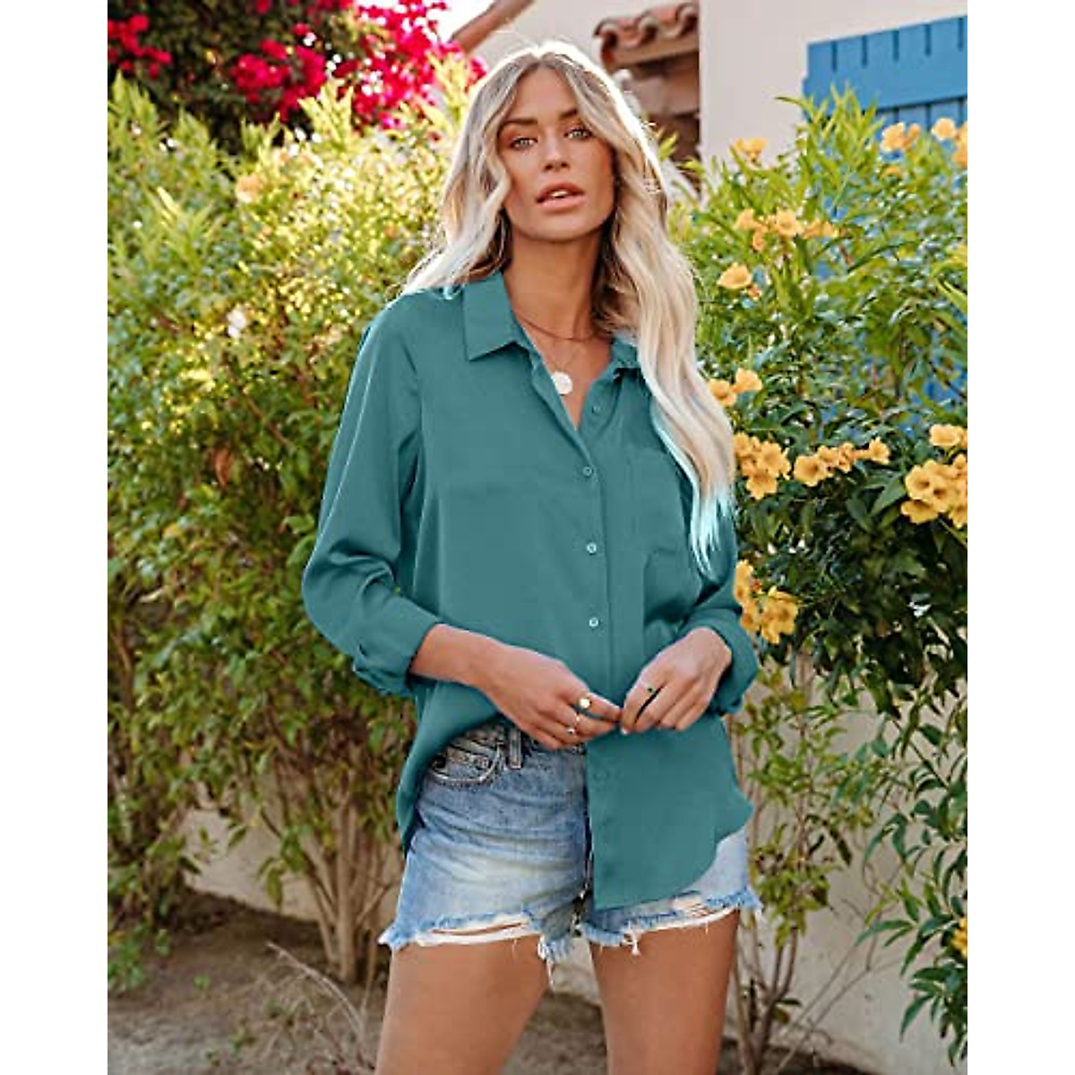 Pausus Collared Satin Shirt Womens Casual Long Sleeve Button-Up Collared Silk Blouse with Pocket(Peacock Blue,S)