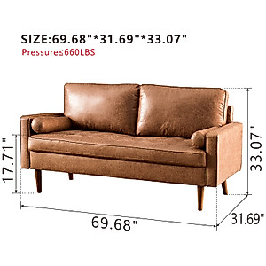 HOOOWOOO 69.7" Small Loveseat Sofa MCM Modern 2-Seater Couch with Bolster Pillows Button Tufted Seat Square Arm for Office Living Room Bedroom Small Space, Brown Faux Leather