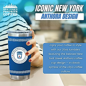 New York's Favorite Coffee New York Greek Anthora Style 20oz Blue Coffee Tumbler with Mag Lid - Logo - Spill-Proof Travel Mug with Clear Mag Lid