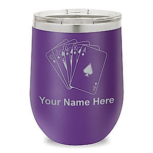 LaserGram Double Wall Stainless Steel Wine Glass Tumbler, Royal Flush Poker Cards, Personalized Engraving Included (Dark Purple)