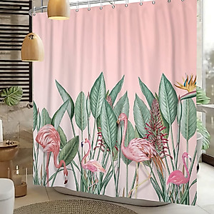 Baocicco Pink Flamingo Tropical Leaves Shower Curtain Green Plants Modern Watercolor Shower Curtains for Bathroom Home Bathtubs Waterproof Fabric Shower Curtain with Hooks 72x72 Inches