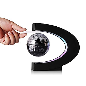 TeaMaX Magnetic Levitation Floating World Map Globe with C Shape Base, Best Business Men Gift, Floating Decoration Black Silver Globe with LED Lights, Fathers Students Teacher Birthday Gift
