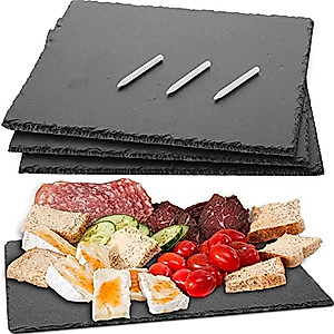 MAPRIAL 12 x 10 In 4 Pack Slate Cheese Boards, Black Stone Plates Charcuterie Boards Gourmet Serving Tray Cheese Platter Display Chalkboard with Soapstone Chalk for Sushi, Party, Gift, Meat, Appetizer