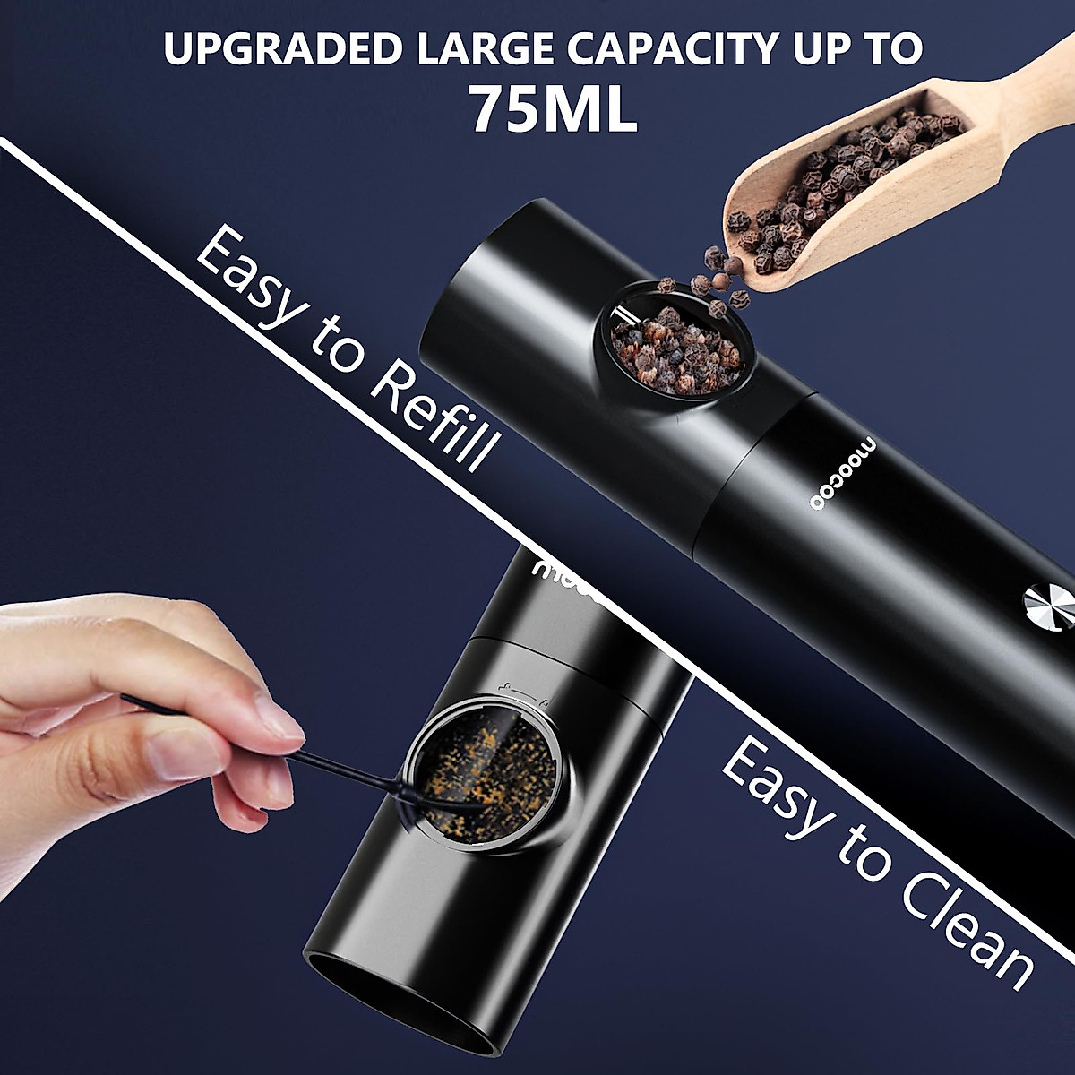 Moocoo Upgraded Electric Salt and Pepper Grinder Set with Fast Rechargeable Base & LED Light, Large Capacity, Adjustable Coarseness, Automatic One Hand Operated Salt Pepper Mill Grinder Refillable
