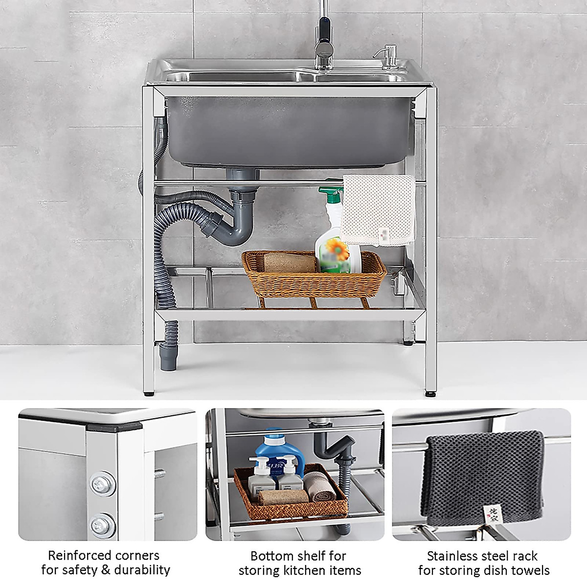 QQXX Commercial Kitchen Sink Single Bowl,Free Standing Stainless Steel Sink Set with Water Faucet,Utility Outdoor Sink for Washing,Heavy Duty Restaurant Sink for Laundry Backyard Home