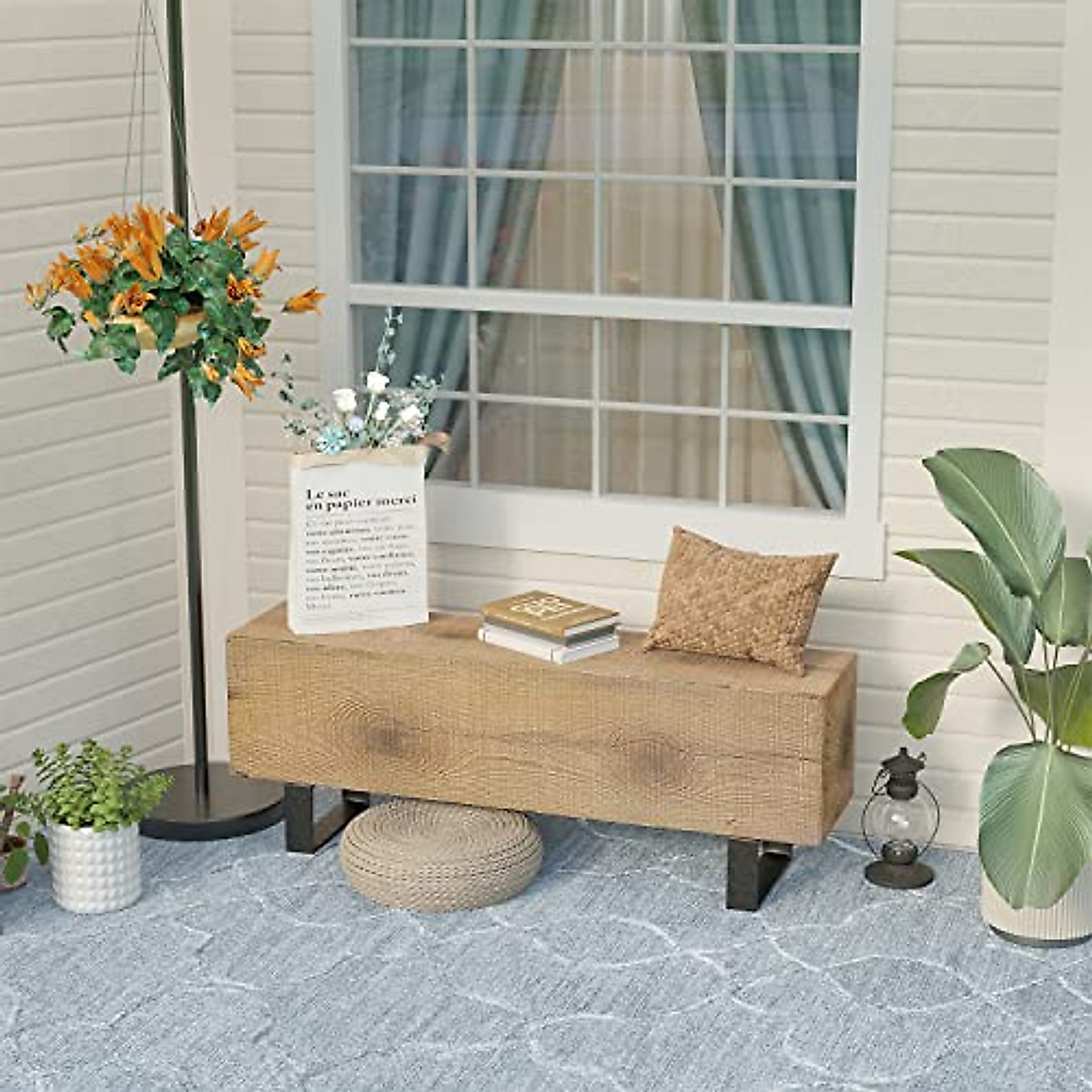 COSIEST Patio Log Bench, Rectangular MgO Garden Bench, 48.4 x 11.8” Outdoor Bench, Rustic Bench for Yard or Lawn(Light Oak)