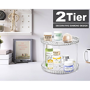2 Tier Diamond Lazy Susan Bathroom Organizer Countertop, Clear 360 Rotating Cosmetic Makeup Organizer for Vanity, Skincare Organizers Perfume Organizer for Counter - Organization and Storage -9.25INCH