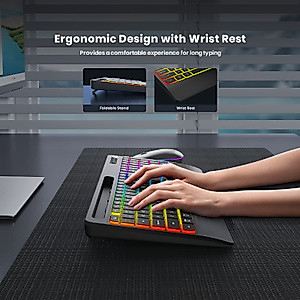 GEODMAER Wireless Keyboard and Mouse Combo with Phone Holder, Wrist Rest, Silent Rechargeable Backlit Full Size Ergonomic Keyboard and Mouse Wireless, Light Up Keyboard and Mouse for PC Mac