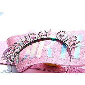 JunyRuny Birthday Girl Glitter Sash & Tiara Set, Pink Birthday Sash and Rhinestone Crown for Women, Sweet Princess Birthday Party Decorations Headband Birthday Gifts for Her, Happy Birthday Decor