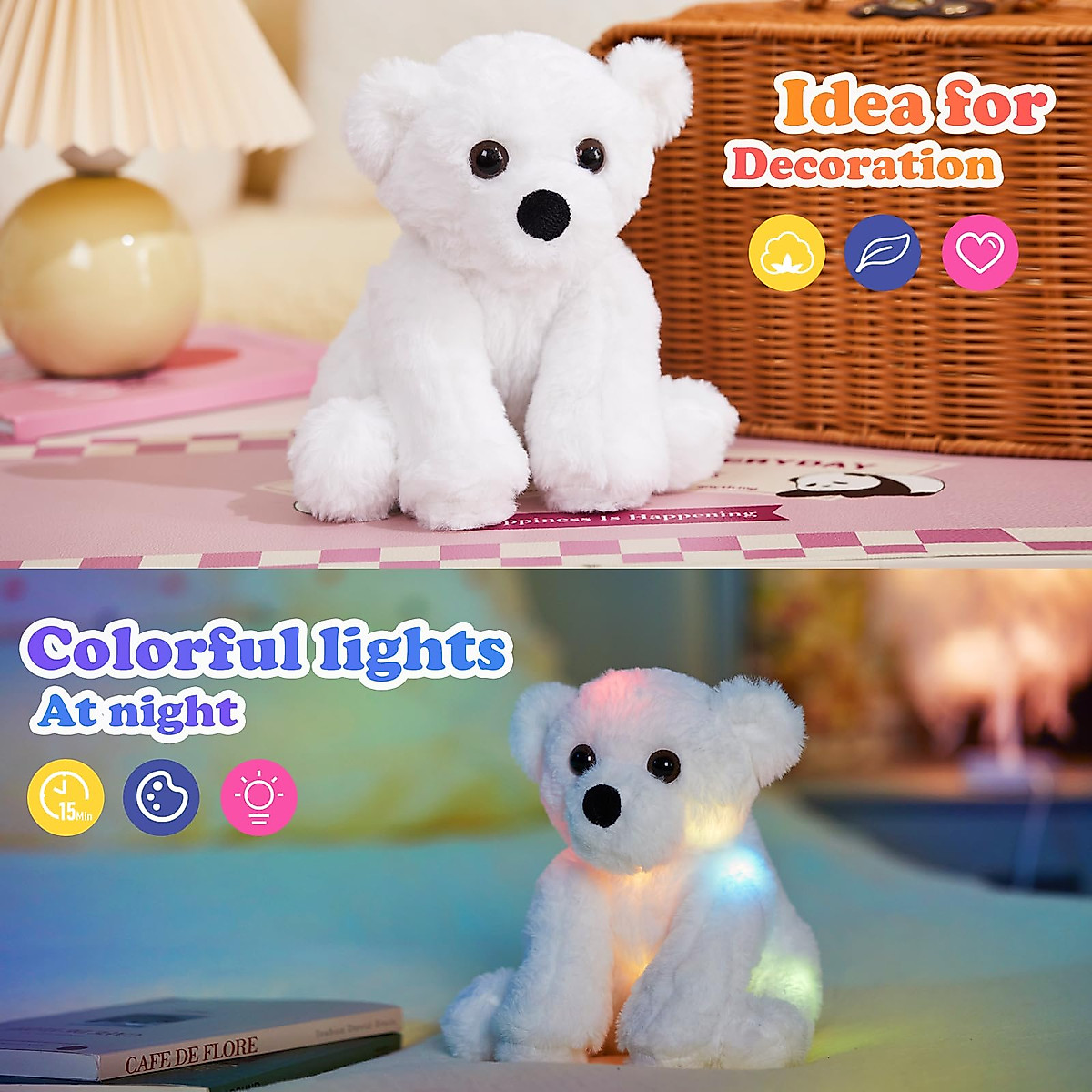 BSTAOFY Glow Polar Bear Light up Stuffed Animal LED Night Light Soft Plush Toy Adorable Birthday Valentines Mother's Children's Day for Toddler Kids, White, 9.5''