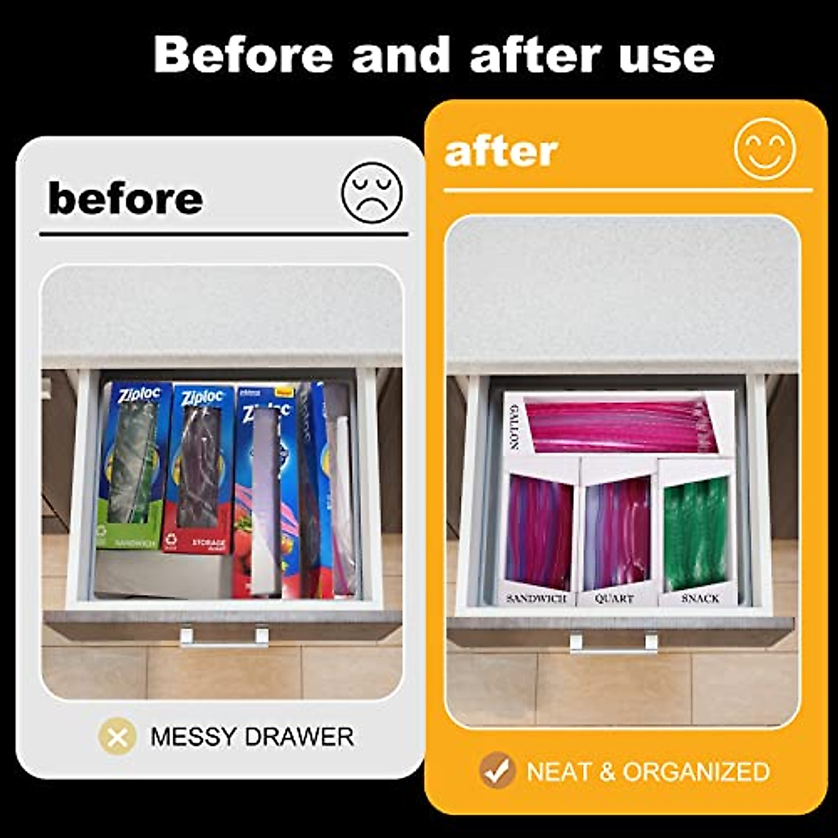 Ziplock Bag Storage Organizer for Drawer-Wood Ziplock Bag Storage Holds Kitchen Drawer or Wall Hanging, Holds Gallon, Quart, Snack Sizes, Sandwich Compatible with Hefty, Glad