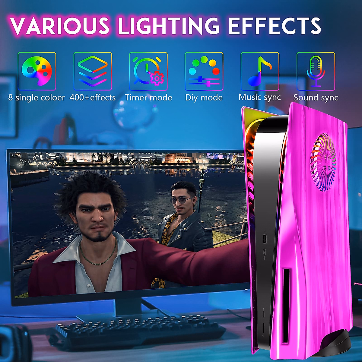 SIKEMAY PS5 Accessories PlayStation 5 Plates with RGB LED Light Strip, Console Cover Face Plates Side Shell with Cooling Vents, PS5 Lights 8 Color 400+Effects Kit, Custom Dust Skin - Plating Purple