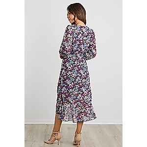 PRETTYGARDEN Women's Floral Print Boho Dress Long Sleeve Wrap V Neck Ruffle Belted A-Line Flowy Maxi Dresses (Floral Purple,Small)