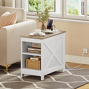 YITAHOME End Table with Charging Station, Narrow Side Table with Storage Shelf, Farmhouse Nightstand with Storage for Small Spaces, Living Room, Bedroom, Grey Wash