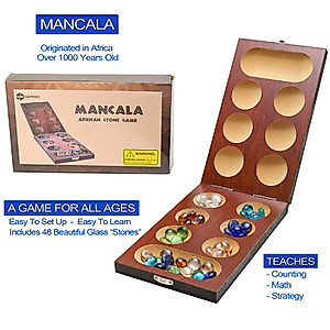 RNK Gaming Mancala Board Game with Folding Wooden Board and Colorful Glass Stones for Adults and Kids