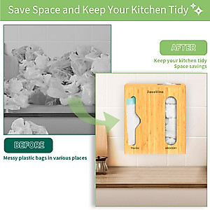 JiocoVino Grocery Bag Holder & Trash Bag Dispenser, Bamboo 2 in 1 Plastic Bag Holder for Grocery Bags and Garbage Bags, Kitchen Under the Sink Organizers and Storage, Fits 13 Gallon Trash Bag