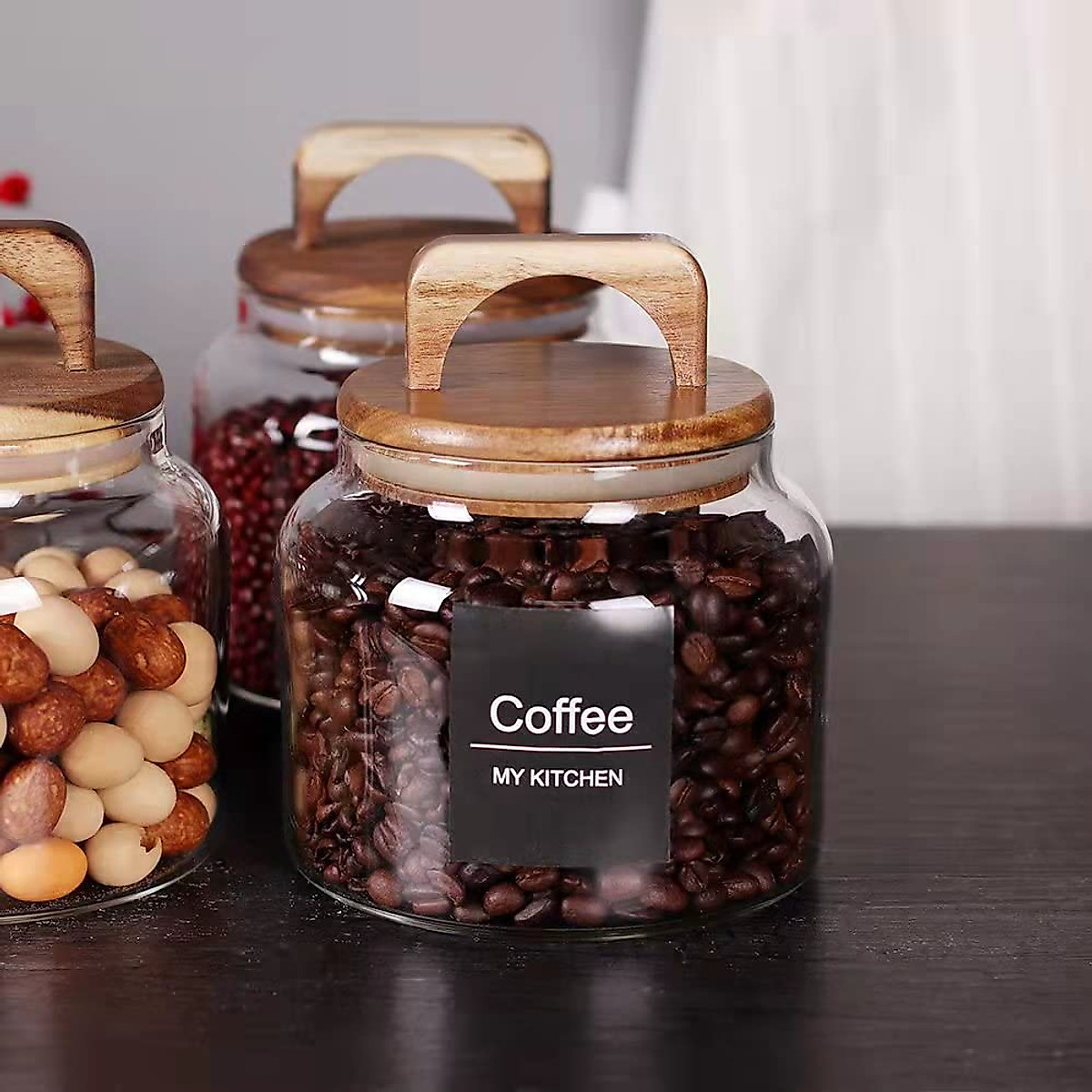 SAIOOL Glass Jars with Airtight Lid [Set of 4],Kitchen Canisters, Borosilicate Glass Storage Containers,Retro Design, Glass jars for Candy,Cookie,Rice,Sugar,Flour, Flour,Pasta,Nuts and Spice Jars