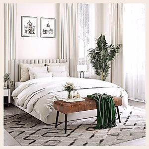 LUE BONA 44.5” Ottoman Bench, Faux Leather Tufted Upholstered Bedroom Bench, Modern Footrest Stool Accent Bench with Metal Legs Storage for Entryway, Dining Room, End of Bed, Foyer, 300LB, Red Brown