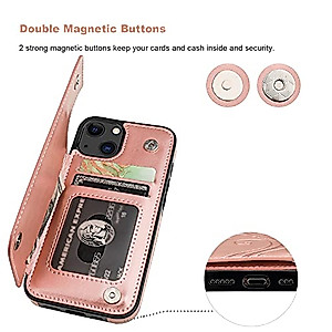 Vaburs Compatible with iPhone 13 Case Wallet with Card Holder, Embossed Butterfly Pattern PU Leather Double Buttons Flip Shockproof Protective Cover for Magnetic Car Mount 6.1 Inch (Rose Gold)