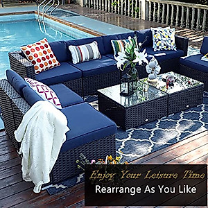 Sophia & William Outdoor Patio Furniture Set 12 Piece Low-Back Rattan Wicker Sectional Sofa Patio Conversation Set, Navy Blue