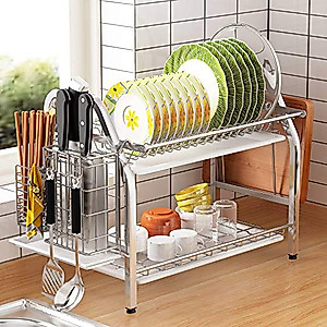1Easylife Dish Drying Rack, 2 Tier Dish Rack Stainless Steel with Utensil Knife Holder and Cutting Board Holder Dish Drainer with Removable Drain Board for Kitchen Counter Organizer Storage (Silver)