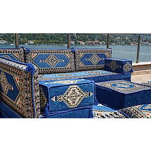 Royal Blue L Shaped Arabic Sofa Set, Floor Sofa Seating Set, Oriental Floor Seating, Floor Cushions, Arabic Lounge, Arabic Majlis, Arabic Jalsa (L Sofa Full Set, 8'' Thickness (20 cm))