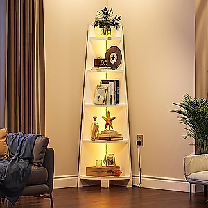 YITAHOME Corner Shelf Stand with Led Light, 70.9" Ladder Corner Bookshelf, Modern 5 Tier Corner Bookcase, Wooden Open Display Shelving Storage Rack for Bedroom, Living Room, Home Office, White