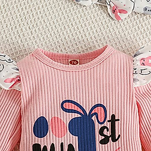 ZIMBRO Baby Girl Easter Outfit Bunny Print Romper My 1st/First Easter Letter Jumpsuit Long Sleeve Bodysuit Headband (Pink,0-3 Months)