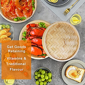 Bamboo Steamer Basket, 2-Tier Dumpling Steamer for Cooking, Bamboo Steamer 10 Inch Vegetable Steamer, Food Steamer for Meat, Dim Sum, Bao Bun, Fish, Rice, HOFHTD Wood Cooking Steamer Basket