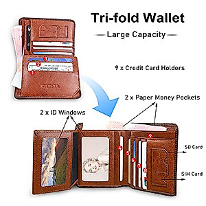 Ciephia RFID Blocking Trifold Genuine Leather Wallets for Men, Vintage Short Multi Function Credit Card Holder,Money Clips with 2 ID Windows Give Gifts to Men (Brown)