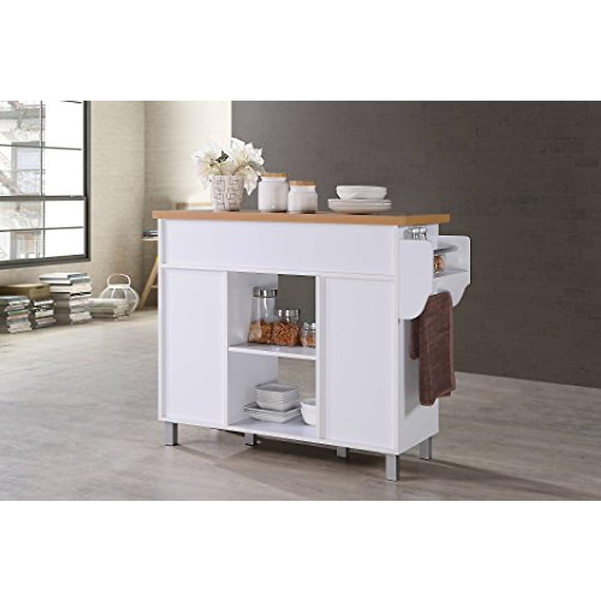 Hodedah Import Island with Spice Rack & Towel Rack Kitchen Cabinet