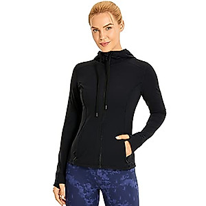 CRZ YOGA Women's Brushed Full Zip Hoodie Jacket Sportswear Hooded Workout Track Running Jacket with Zip Pockets Black Medium