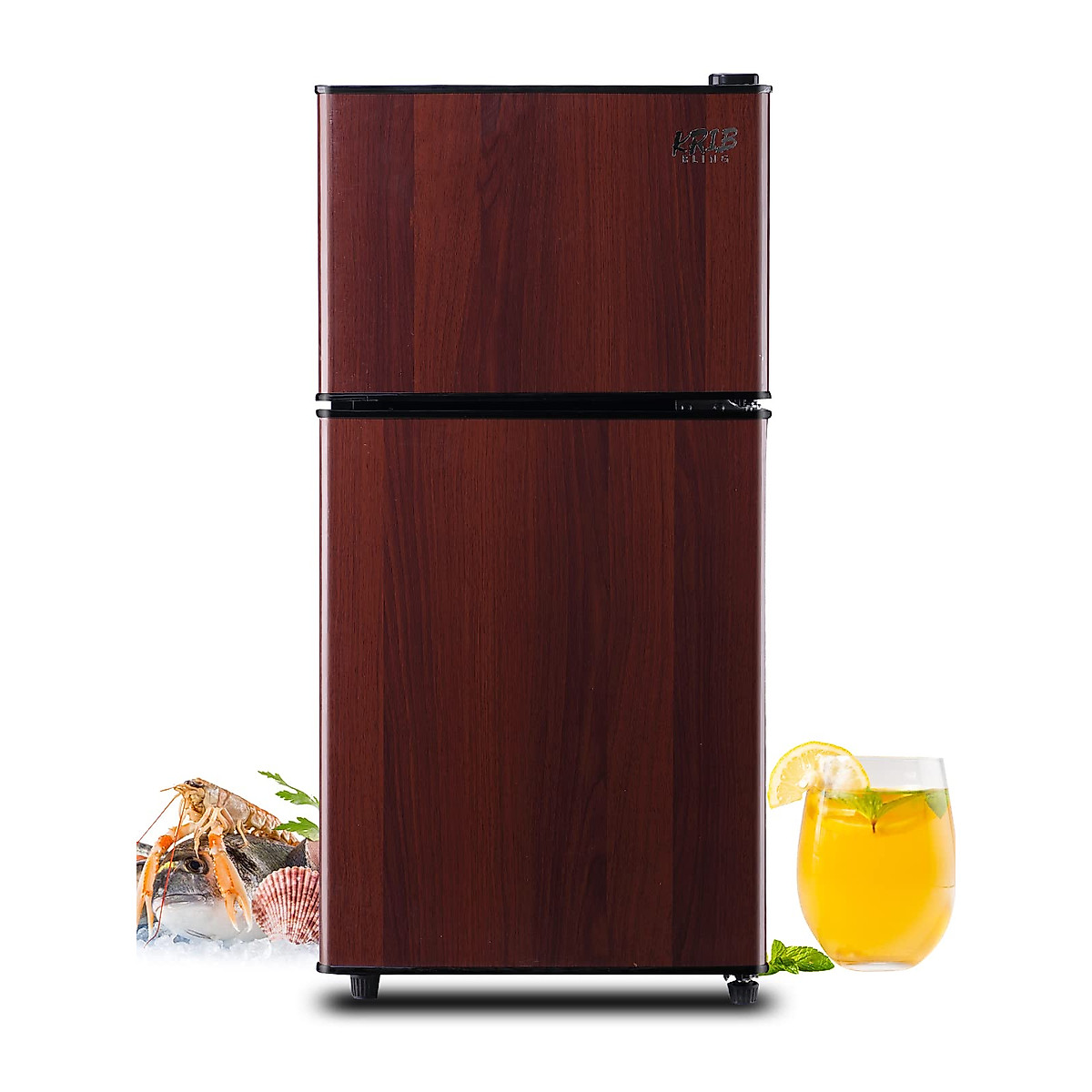 KRIB BLING 3.5 Cu.Ft Refrigerator 2 Door 7 Level Adjustable Thermostat Control Top-Freezer Refrigerator Lock Fresh Energy Saving Wood
