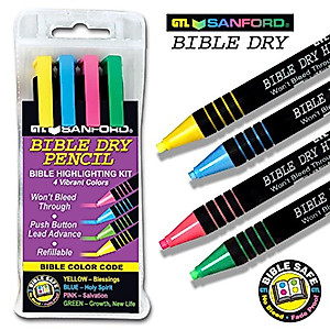 G.T. Luscombe Company, Inc. Bible Dry Highlighting Kit | No Bleed Eco-Friendly Refillable Dry Highlighters | No Sharpening | No Smearing or Fading | Vibrant Colors Yellow, Blue, Pink, Green (Set of 4)