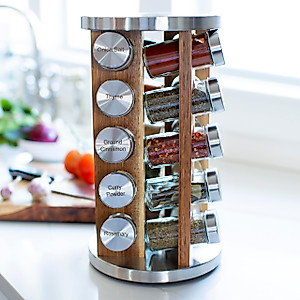 Orii 20 Jar Spice Rack with Spices Included - Tower Organizer for Kitchen Spices and Seasonings, Free Spice Refills for 5 Years (Natural Acacia Wood)