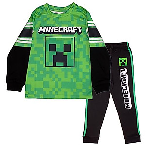 Minecraft Video Game 2-Piece Set, Boys Long Sleeve Active Mesh T-Shirt & Pants 2-Pack Bundle Set (Size 14/16, Green)