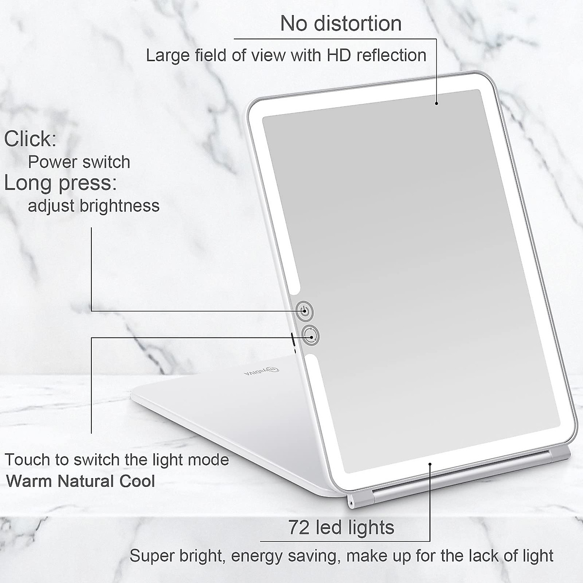 MIYADIVA Illuminated Makeup Mirror, 10 x 7.5 Inches, Foldable Design, 72 LED Light Beads, Adjustable Intensity, Rechargeable Battery, 3x and 5x Magnification, Tabletop Mount